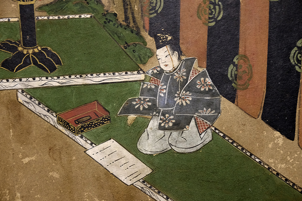 【やや傷や汚れあり】＜CS4329＞大和絵 陣幕内大太鼓図 大判【安土桃山-江戸時代初期 源氏物語 絵巻物 王朝の雅 古筆 古書 古文書 手鑑 ...